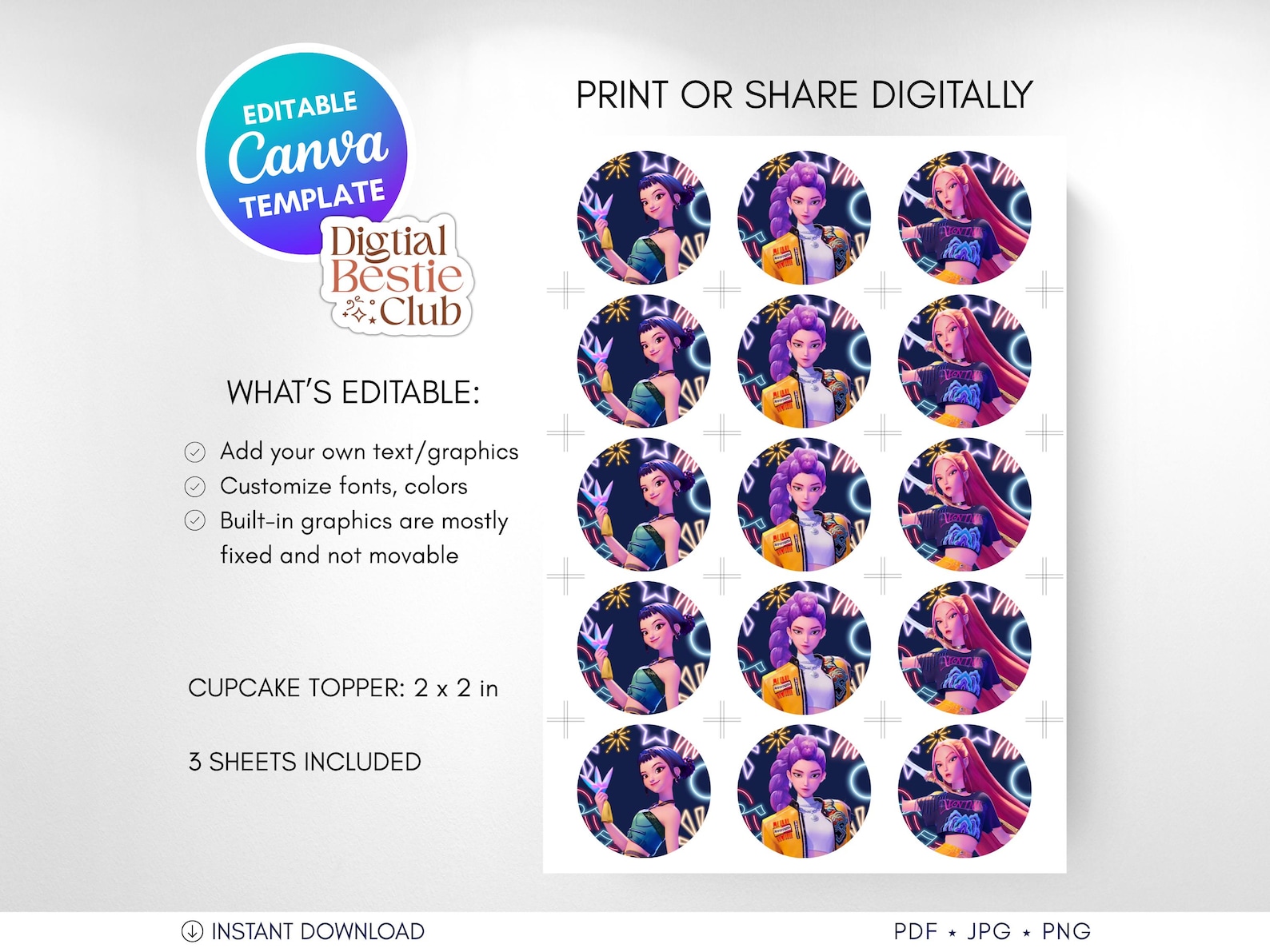 Kpop Demon Hunter Cupcake Toppers, Editable Canva Template, Kpop Anime ...