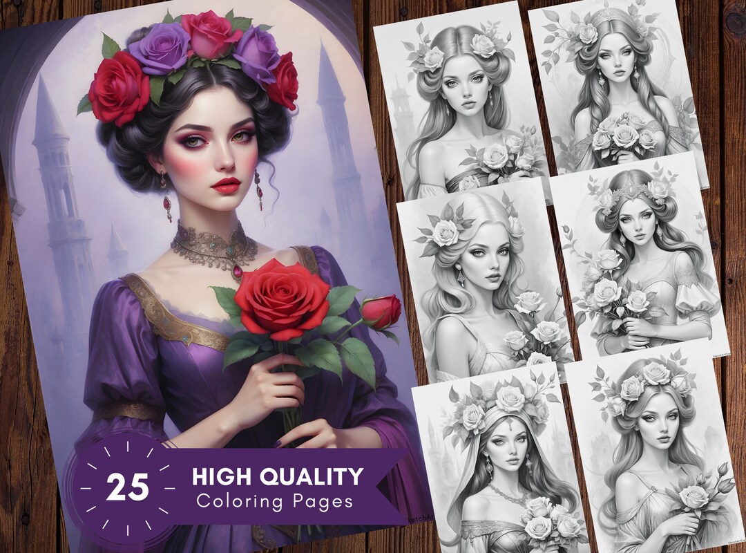 Rose Flowers Design Pretty Lady Grayscale Format, Coloring Book ...