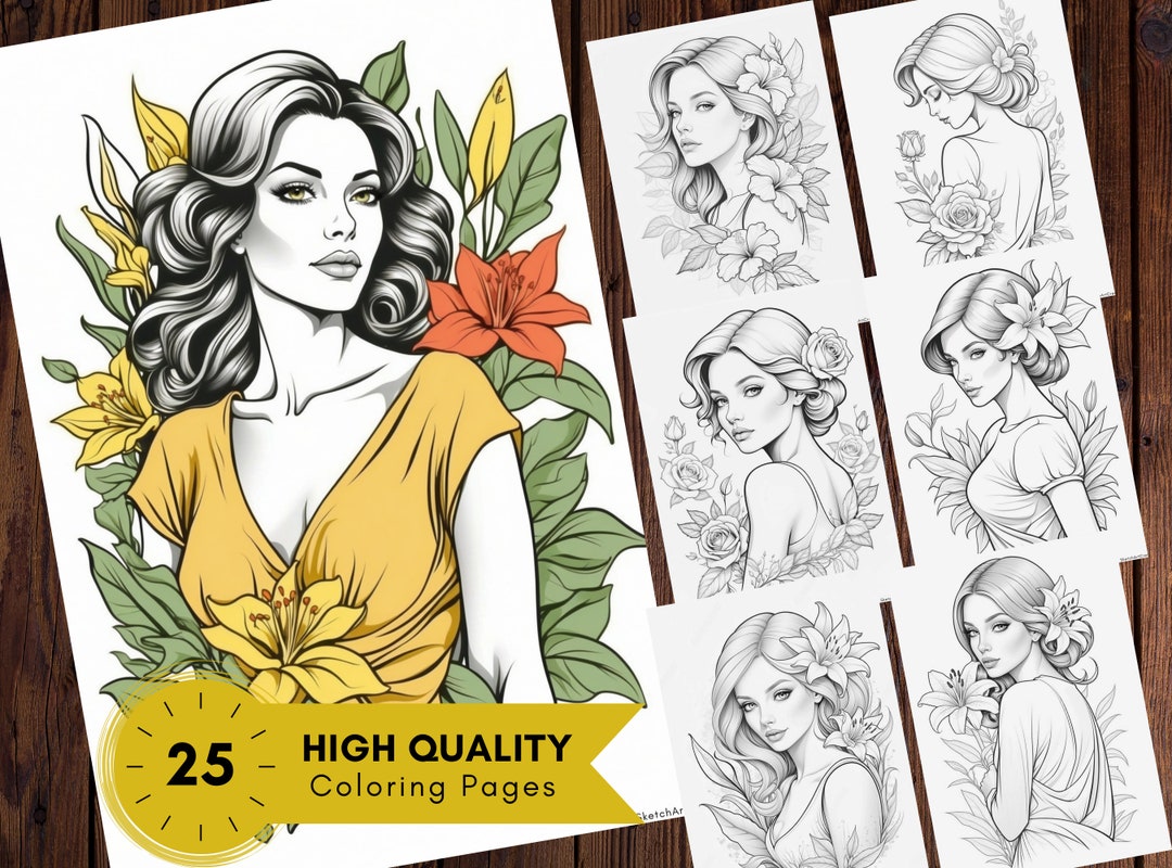 Beautiful Flower Outline With Adult Women Coloring Page Waiting for ...