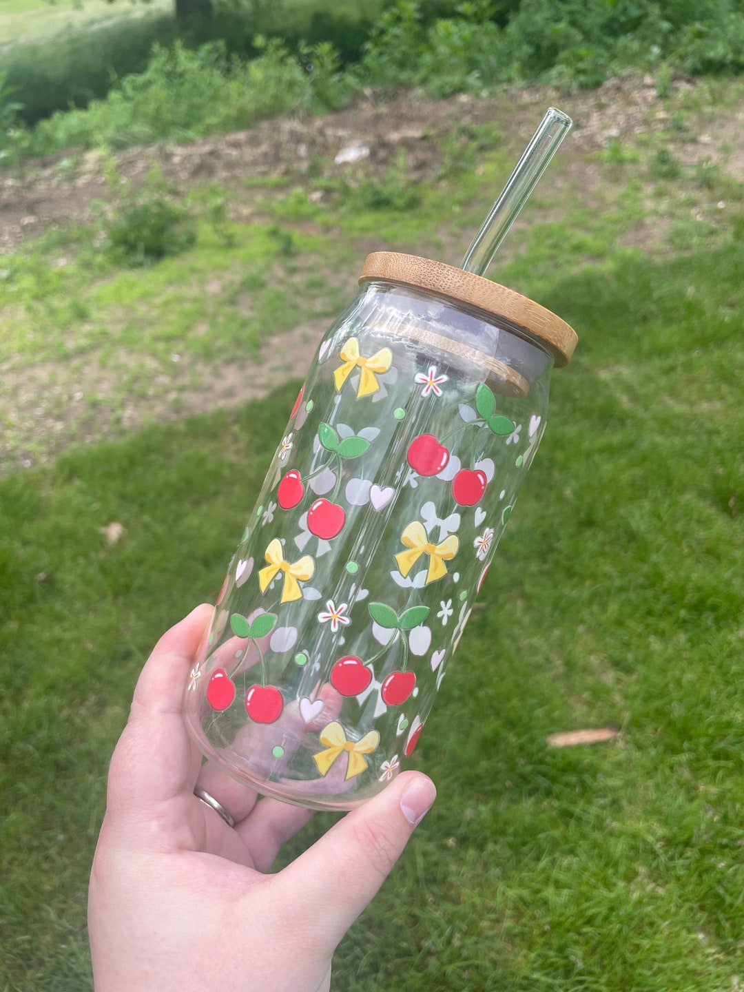 Cherry Floral Bow Glass Tumbler Cup, 20 Ounce Oz, Iced Coffee Glassware ...