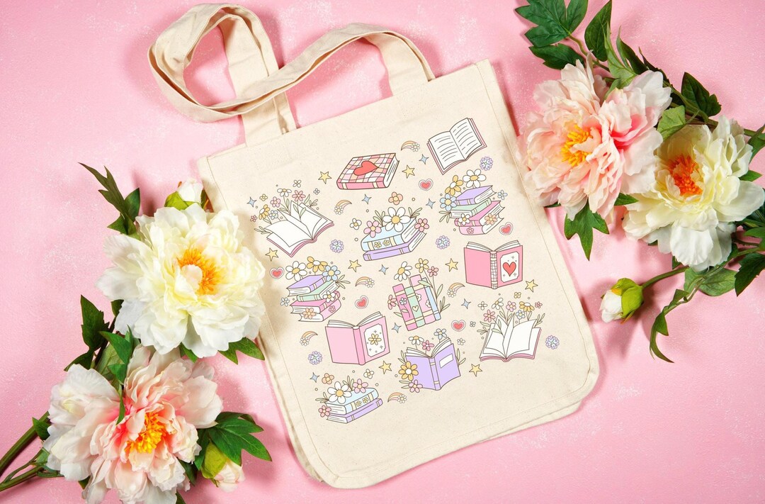 Pastel Book Lover Tote Bag – Cute Floral Canvas Tote With Books & Stars ...