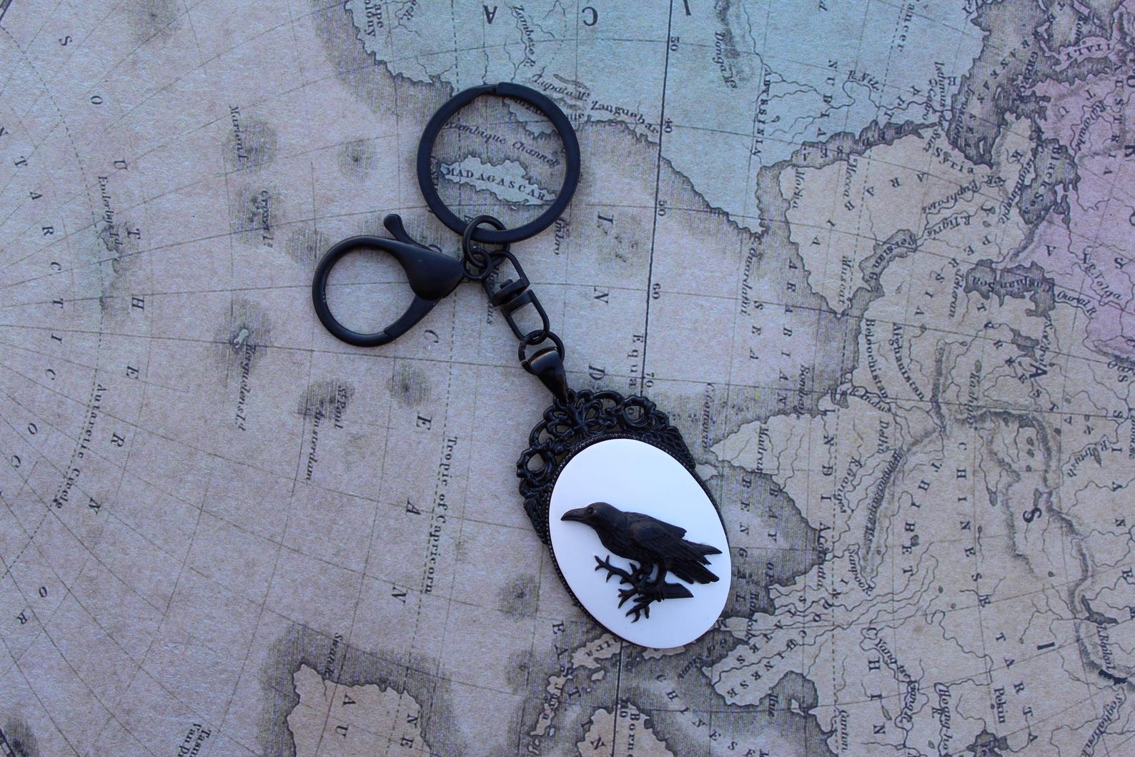 Large Crow Victorian Cameo Keychain - Handmade Retro Holiday Keychain ...