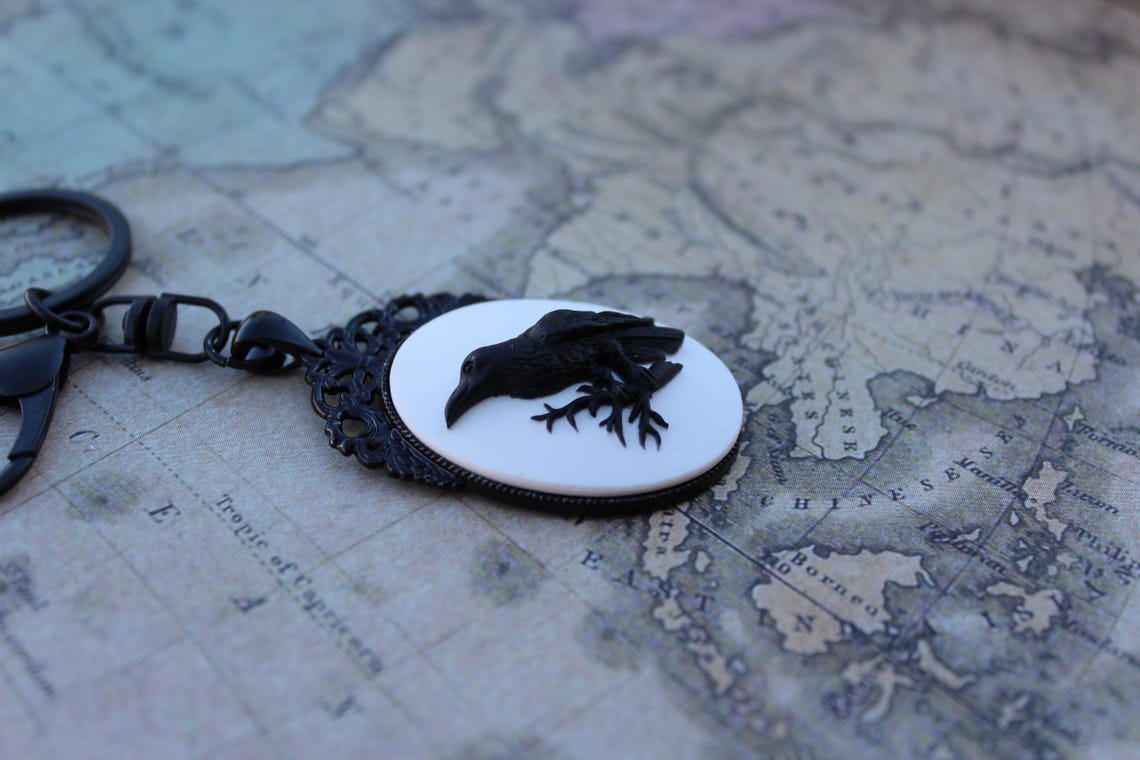 Large Crow Victorian Cameo Keychain - Handmade Retro Holiday Keychain ...