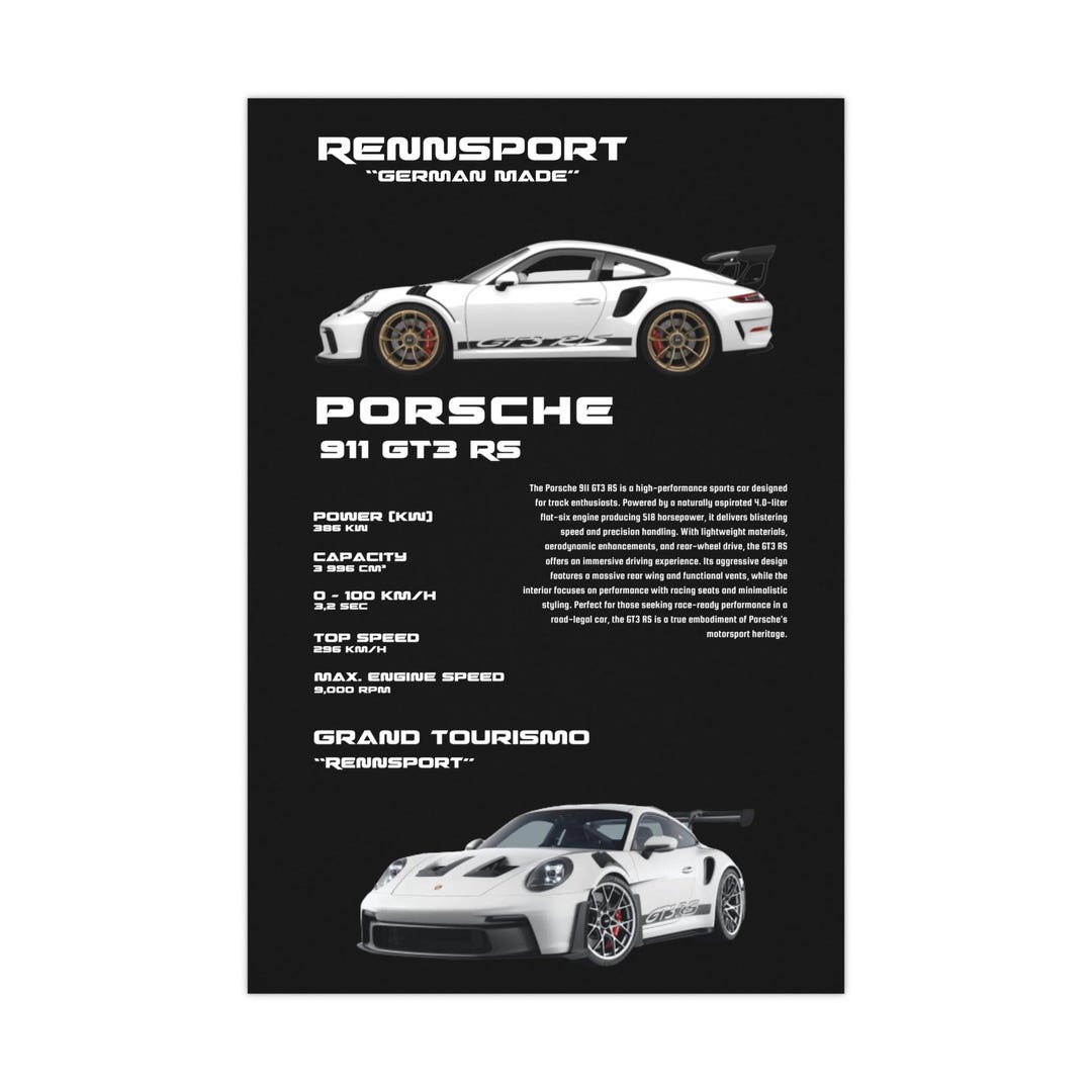 Car Poster, Porsche 911 GT3 RS Matte Poster Black, Wall Art Print, Gift ...