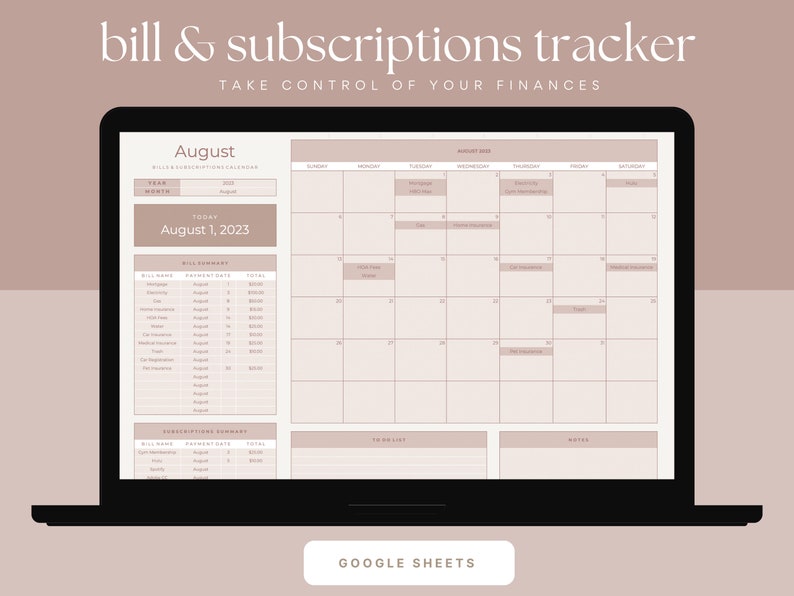 Bill and Subscription Tracker Google Sheets Monthly Bill - Etsy