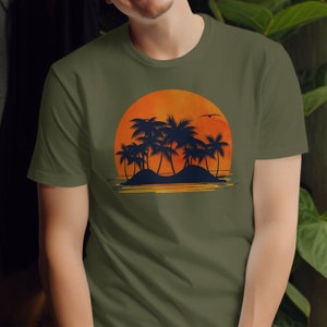 Tropical Sunset T-shirt, Summer Beach Graphic Tee, Palm Tree Island ...