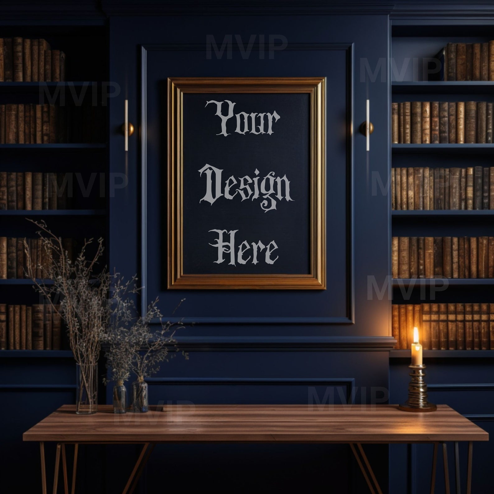 Library Wall Frame Mockup, Vintage Art Mock Up, Dark Academia Frame ...
