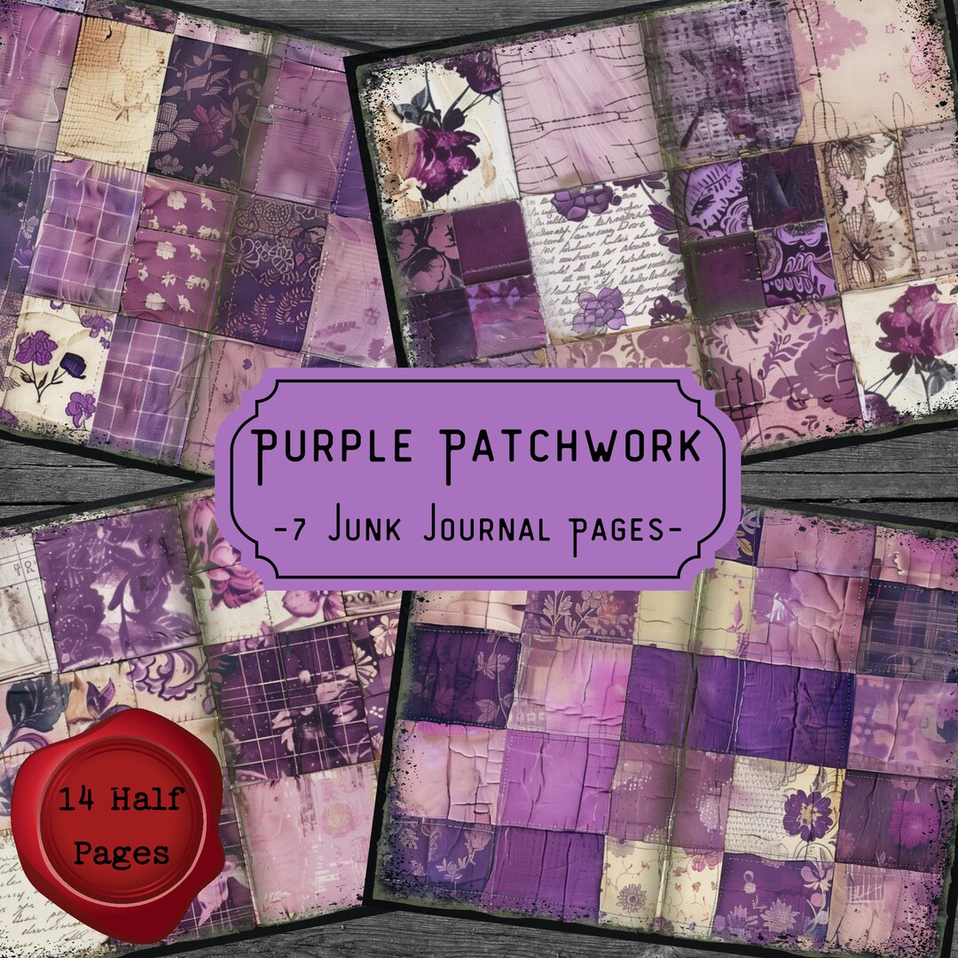 Purple Patchwork Quilt Junk Journal Pages: Vintage Shabby Lavender Scrapbook Paper Texture ...