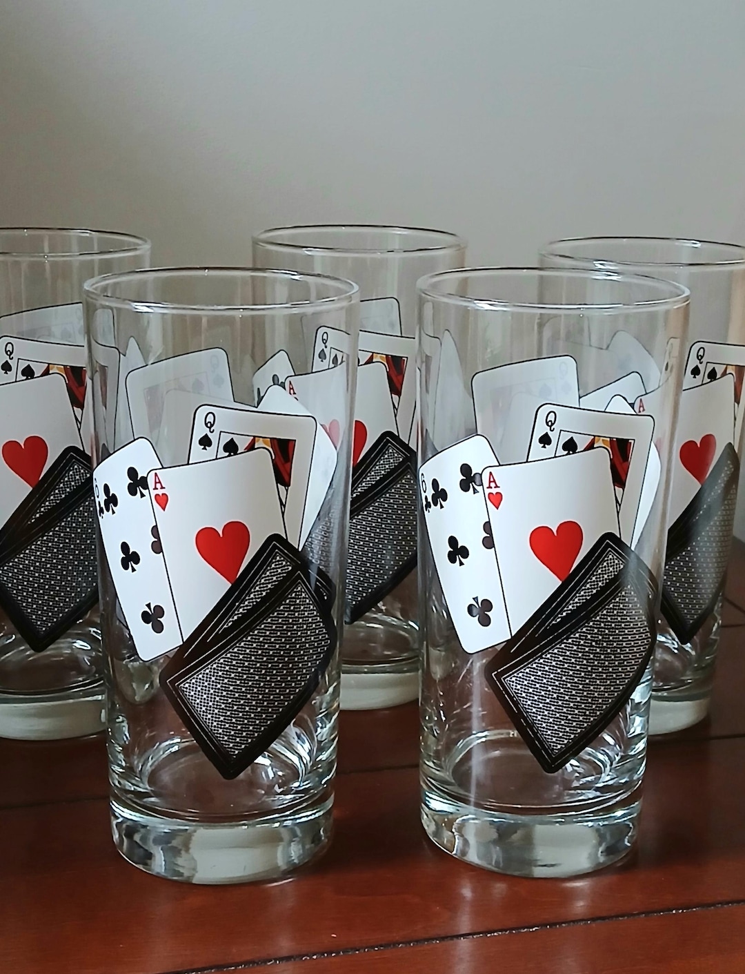 Retro Highball Glasses - Set of 5 Poker Playing Card Cocktail Glasses ...