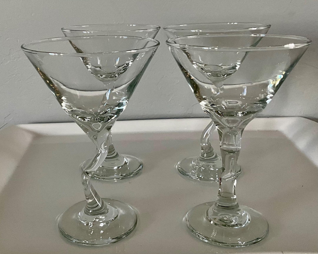 Set of 4 Vintage Z Stem Martini Glasses by Libby, Retro 1980's Libby Twisted Wavy Stems Vintage ...