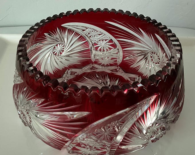 Vintage Ruby Cut-to-clear Crystal Bowl: Bohemian Sunburst Sawtooth Edge ...