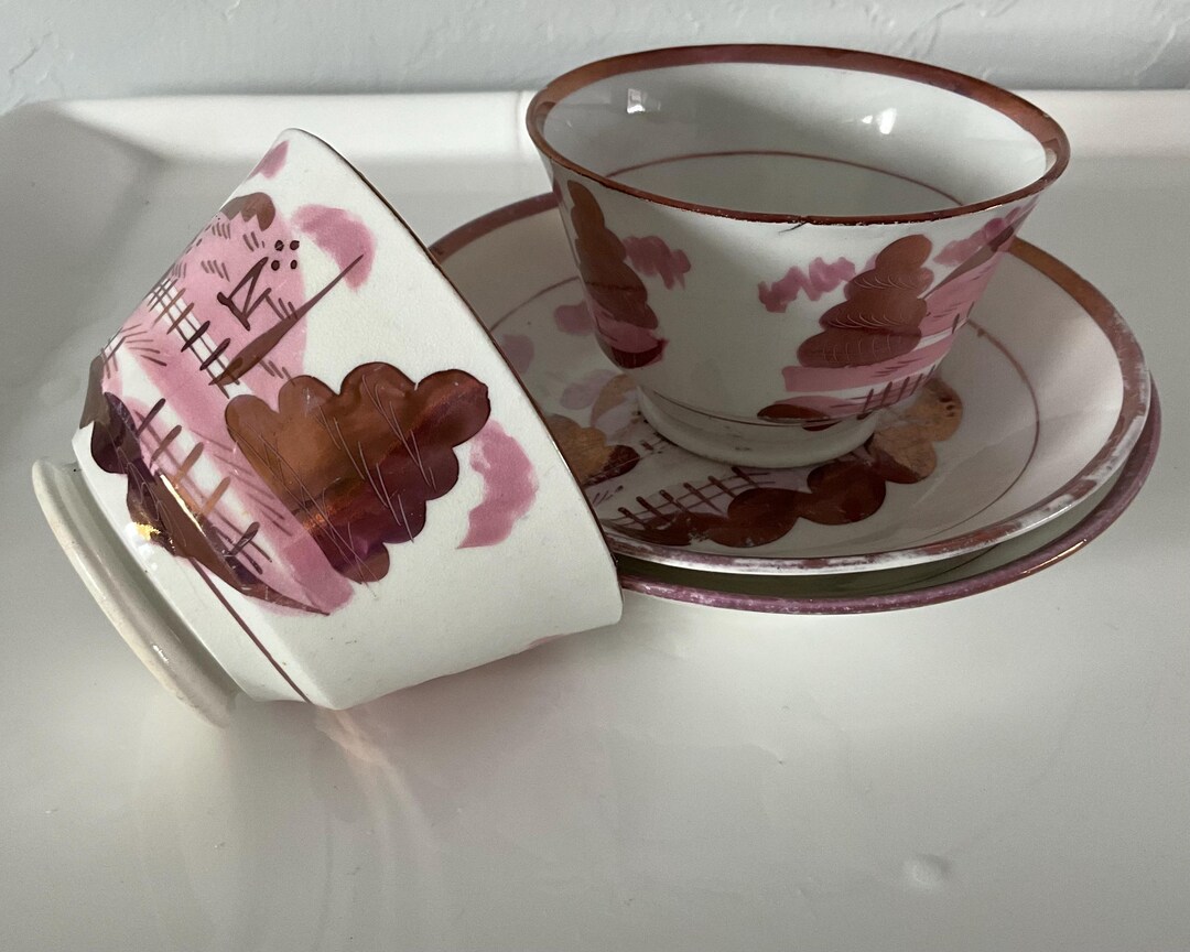 Early 19th C English Porcelain Pink Lustreware Set of 2 Handless Cup ...