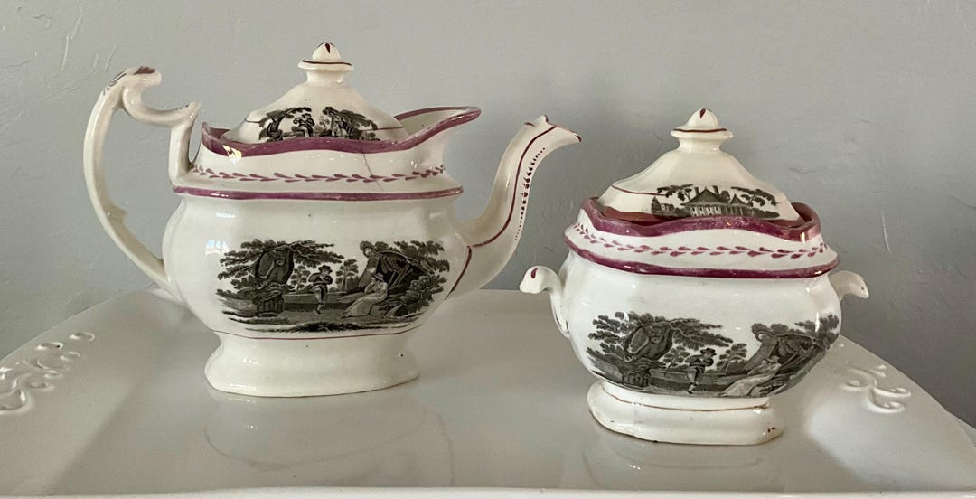Antique Teapot and Sugar Bowl, Transferware 1830-1840 With Pink ...