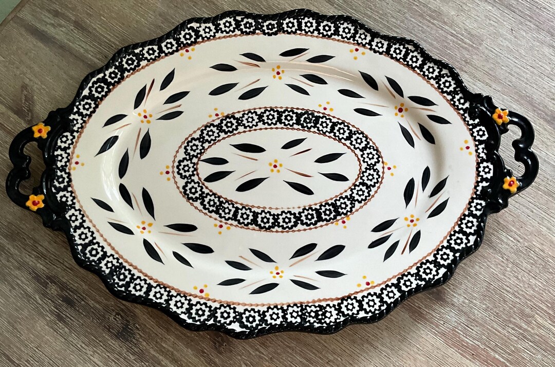 Temptations Temp-tations Old World Black 18” Oval Handled Platter, Hand ...