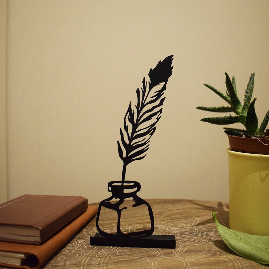 Quill İnkwell Dip Pen Metal Desk Top Decor, Minimal Shelf Bookshelf ...