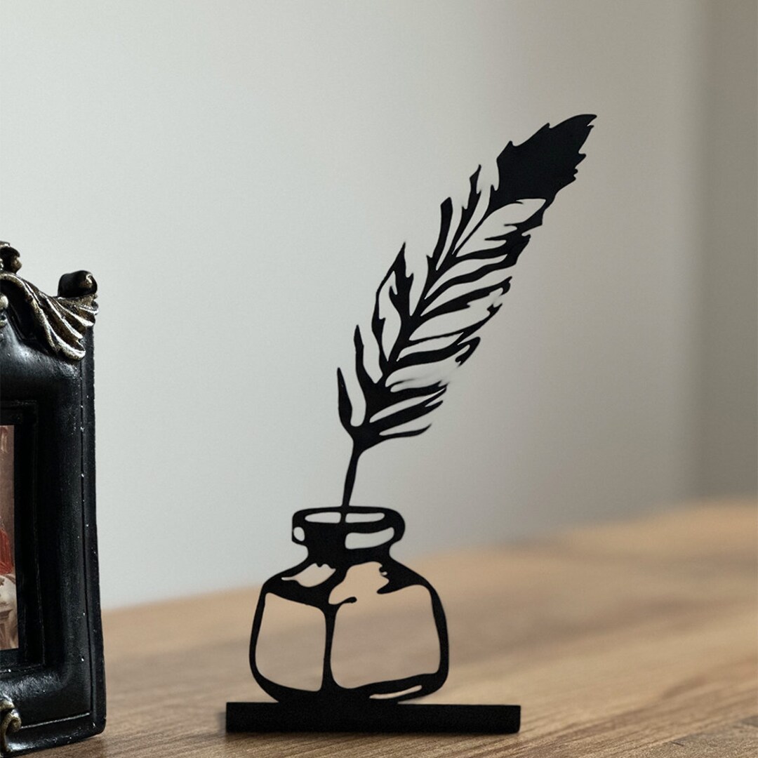 Quill İnkwell Dip Pen Metal Desk Top Decor, Minimal Bookshelf Office ...