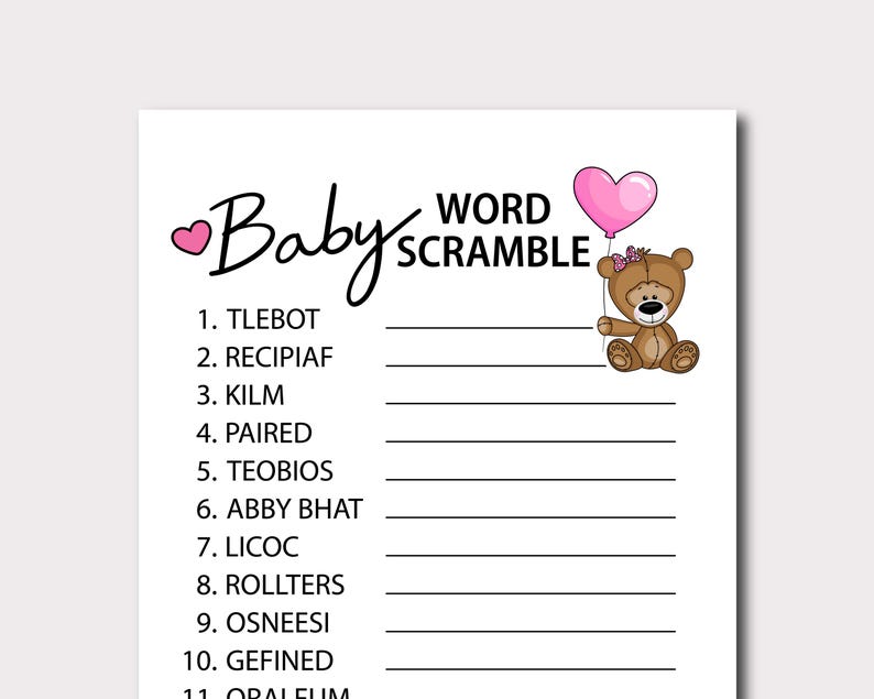 Word Scramble - Baby Shower Game - JPG - Pink Heart Balloon Teddy Bear ...