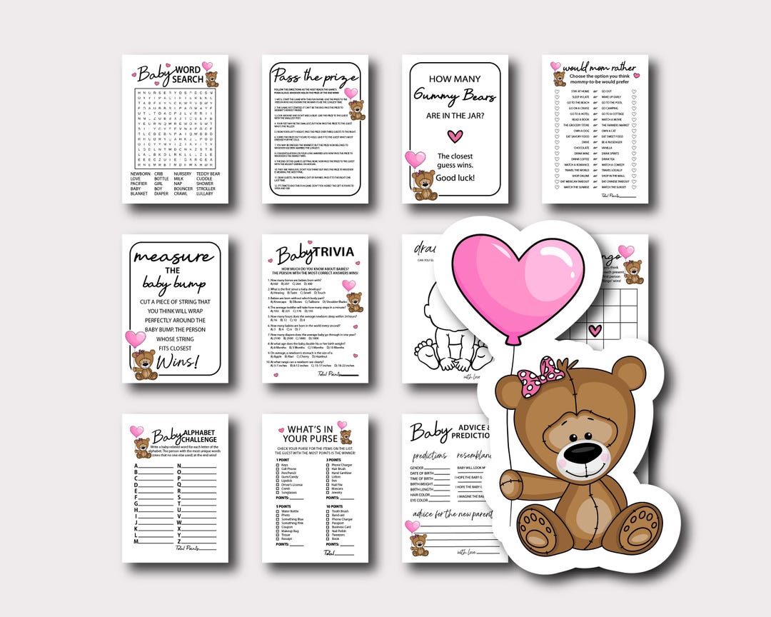 12 Baby Shower Games LOT - Pink Heart Balloon Teddy Bear Collection ...