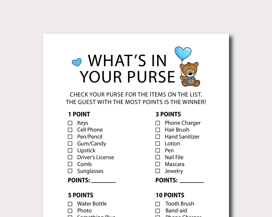 What's in Your Purse - Baby Shower Game - JPG - Blue Heart Balloon ...