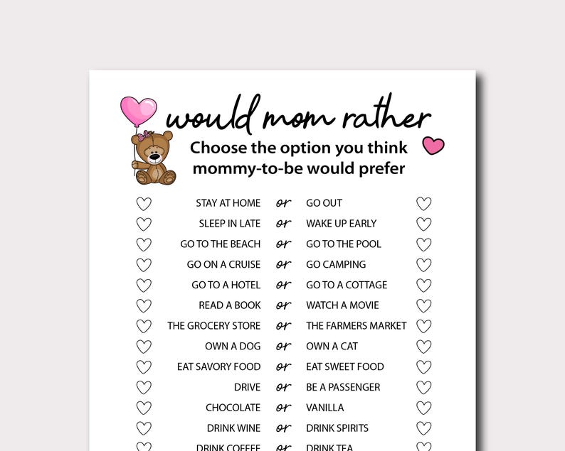 What Would Mom Rather - Baby Shower Game - JPG - Pink Heart Balloon ...