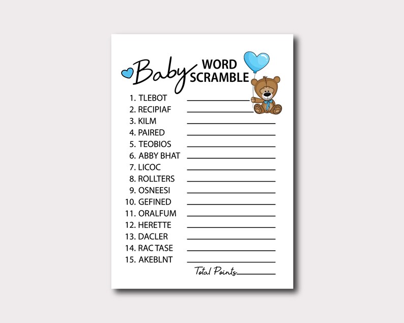 Word Scramble - Baby Shower Game - JPG - Blue Heart Balloon Teddy Bear ...