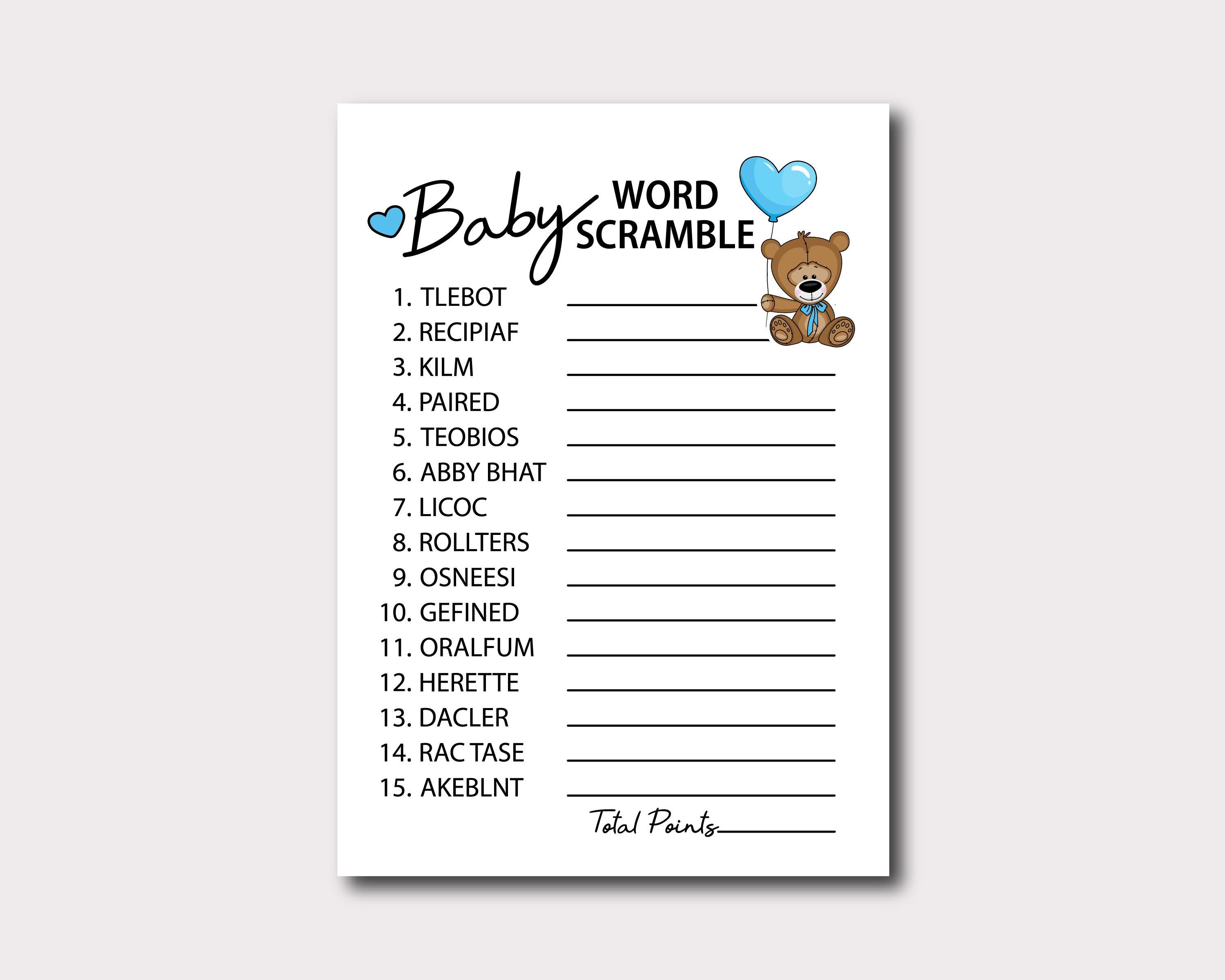 Word Scramble - Baby Shower Game - JPG - Blue Heart Balloon Teddy Bear ...