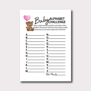 Alphabet Challenge - Baby Shower Game - JPG - Pink Heart Balloon Teddy ...