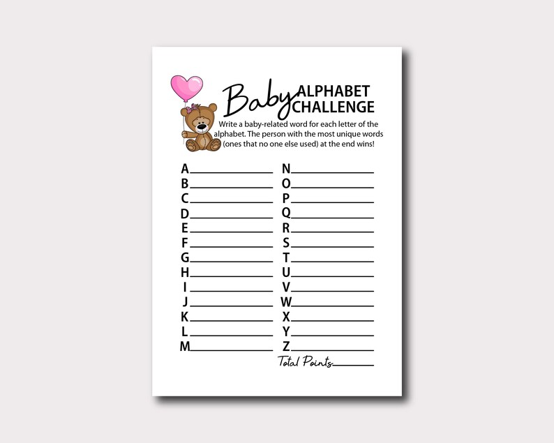 Alphabet Challenge - Baby Shower Game - JPG - Pink Heart Balloon Teddy ...
