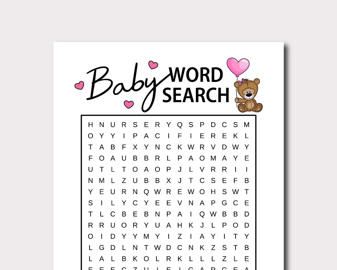 Word Search - Baby Shower Game - JPG - Pink Heart Balloon Teddy Bear ...