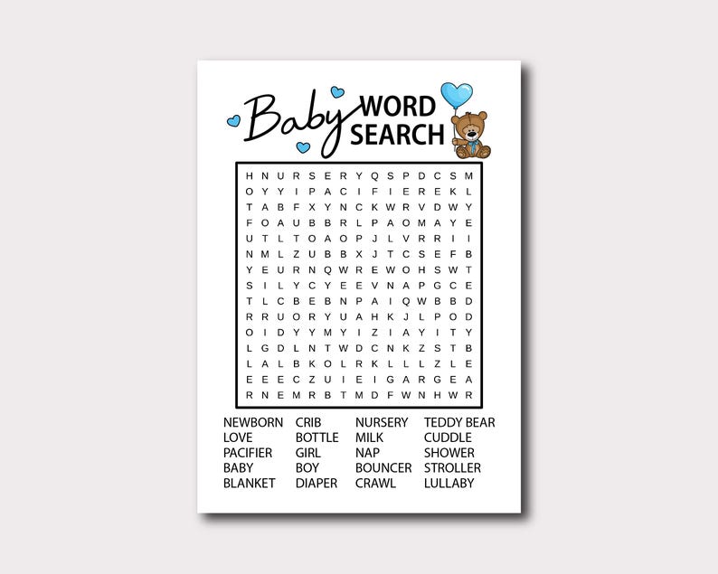Word Search - Baby Shower Game - JPG - Blue Heart Balloon Teddy Bear ...