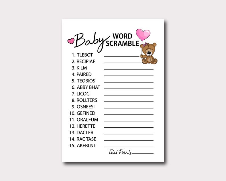 Word Scramble - Baby Shower Game - JPG - Pink Heart Balloon Teddy Bear ...