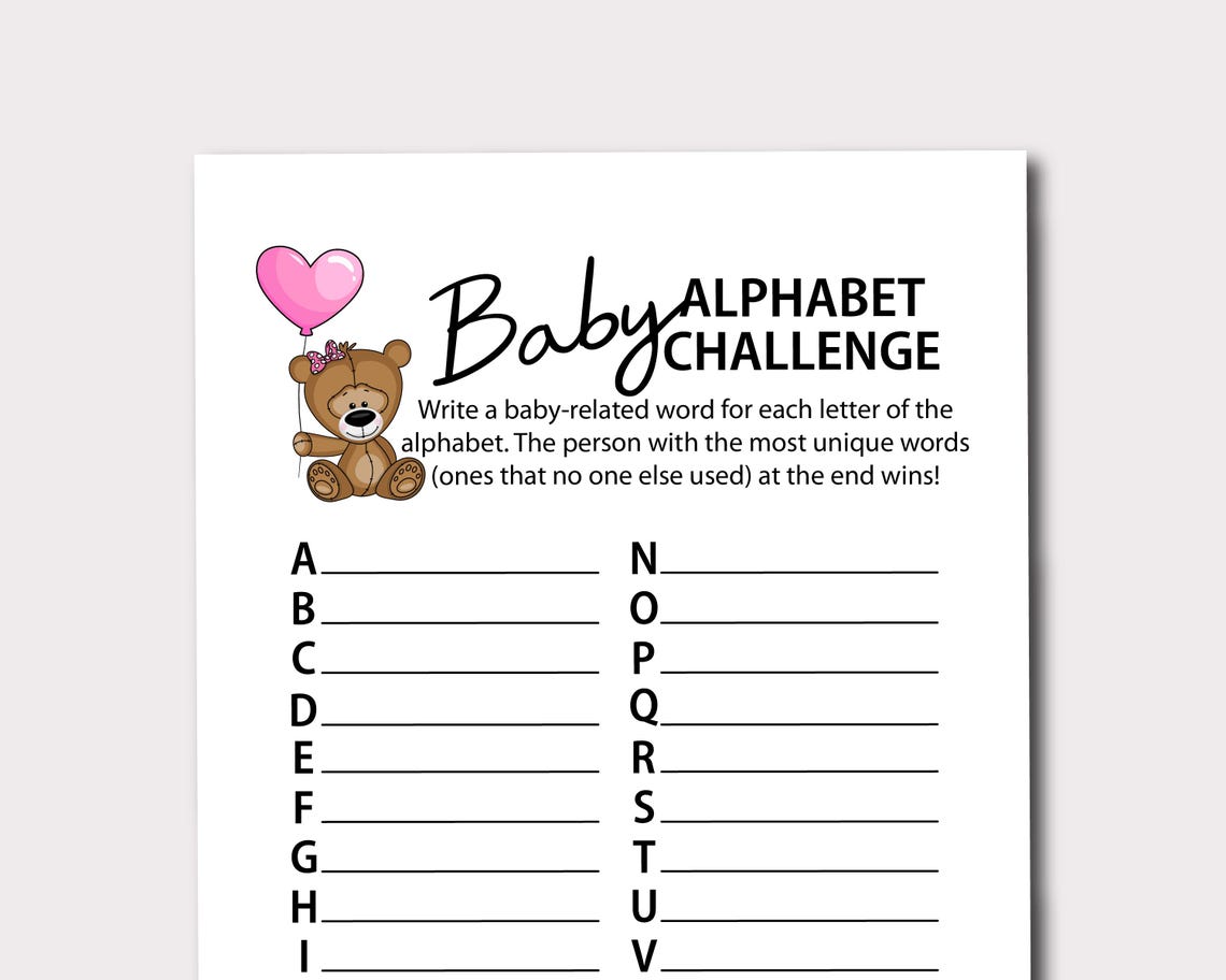Alphabet Challenge - Baby Shower Game - JPG - Pink Heart Balloon Teddy ...