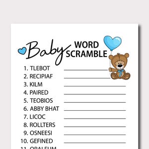 Word Scramble - Baby Shower Game - JPG - Blue Heart Balloon Teddy Bear ...