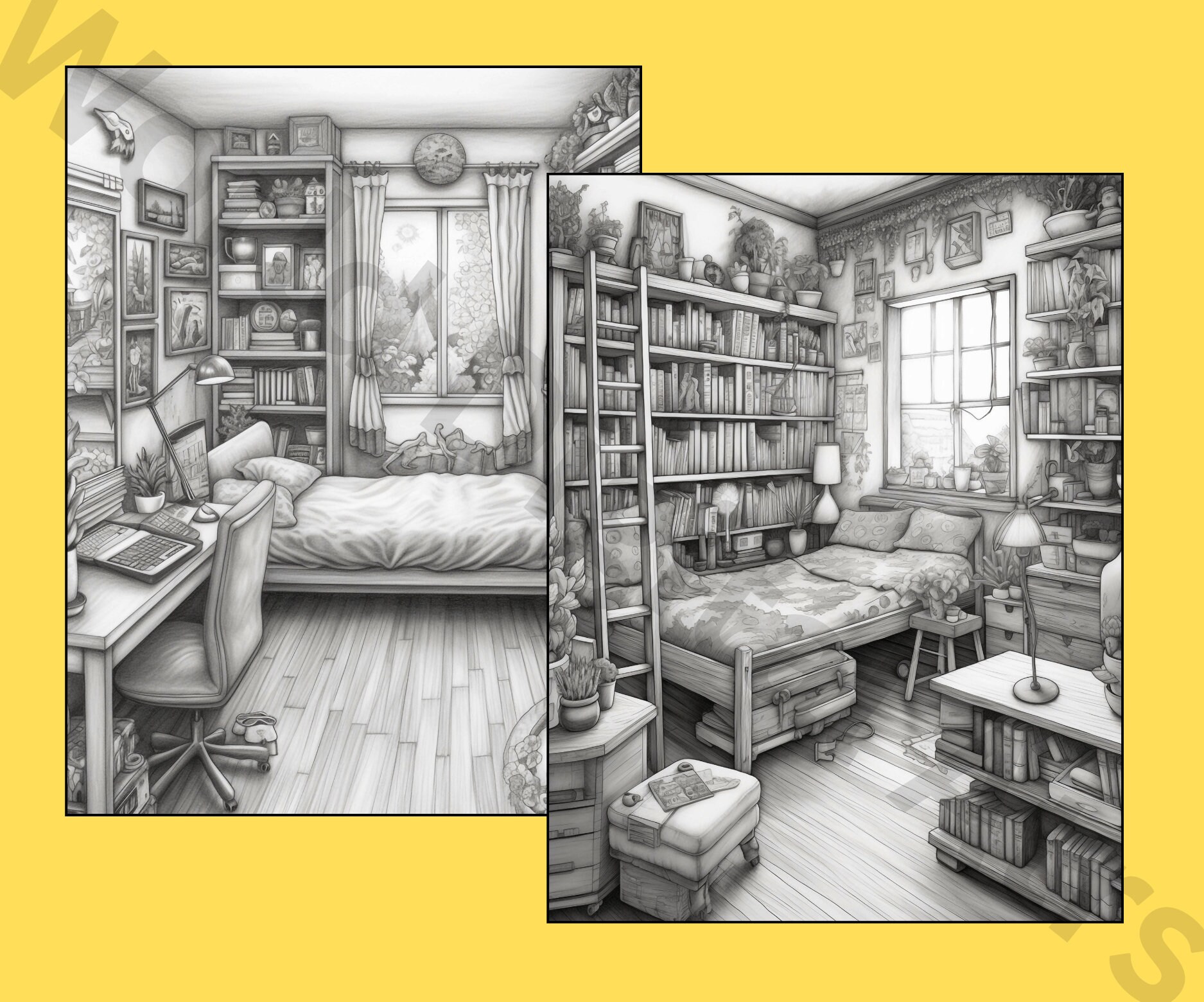 Pocket Room Coloring Mini Room Coloring Pages Grayscale - Etsy