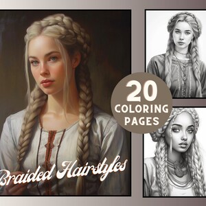 20 Braided Hairstyles Coloring Pages, Printable Hair Coloring Book, Coloring Bundle, Grayscale ...