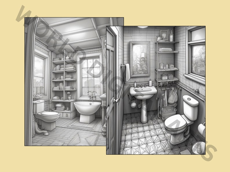 Pocket Room Coloring, Mini Room Coloring Pages, Grayscale Coloring Book ...