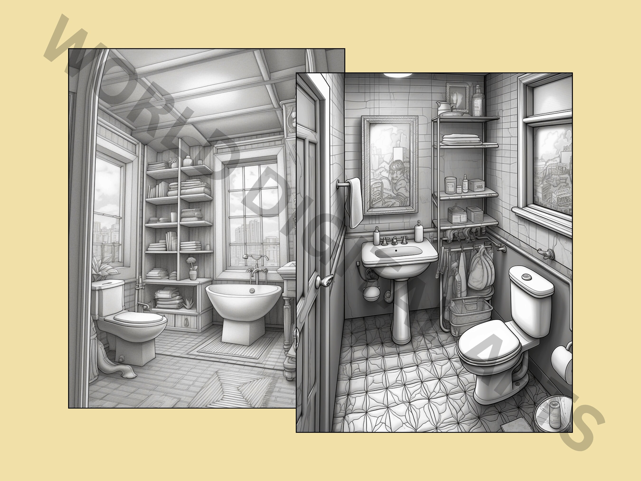 Pocket Room Coloring, Mini Room Coloring Pages, Grayscale Coloring Book ...