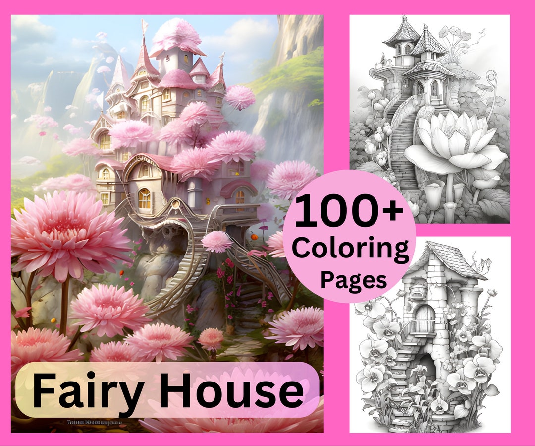100 Fairy House Coloring Book, Printable Grayscale Coloring Book ...
