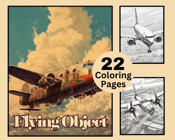 22 Flying Objects Coloring Pages, Flying Color Book, Grayscale Coloring ...