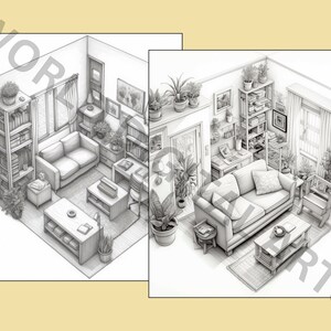 Pocket Room Coloring, Mini Room Coloring Pages, Grayscale Coloring Book ...