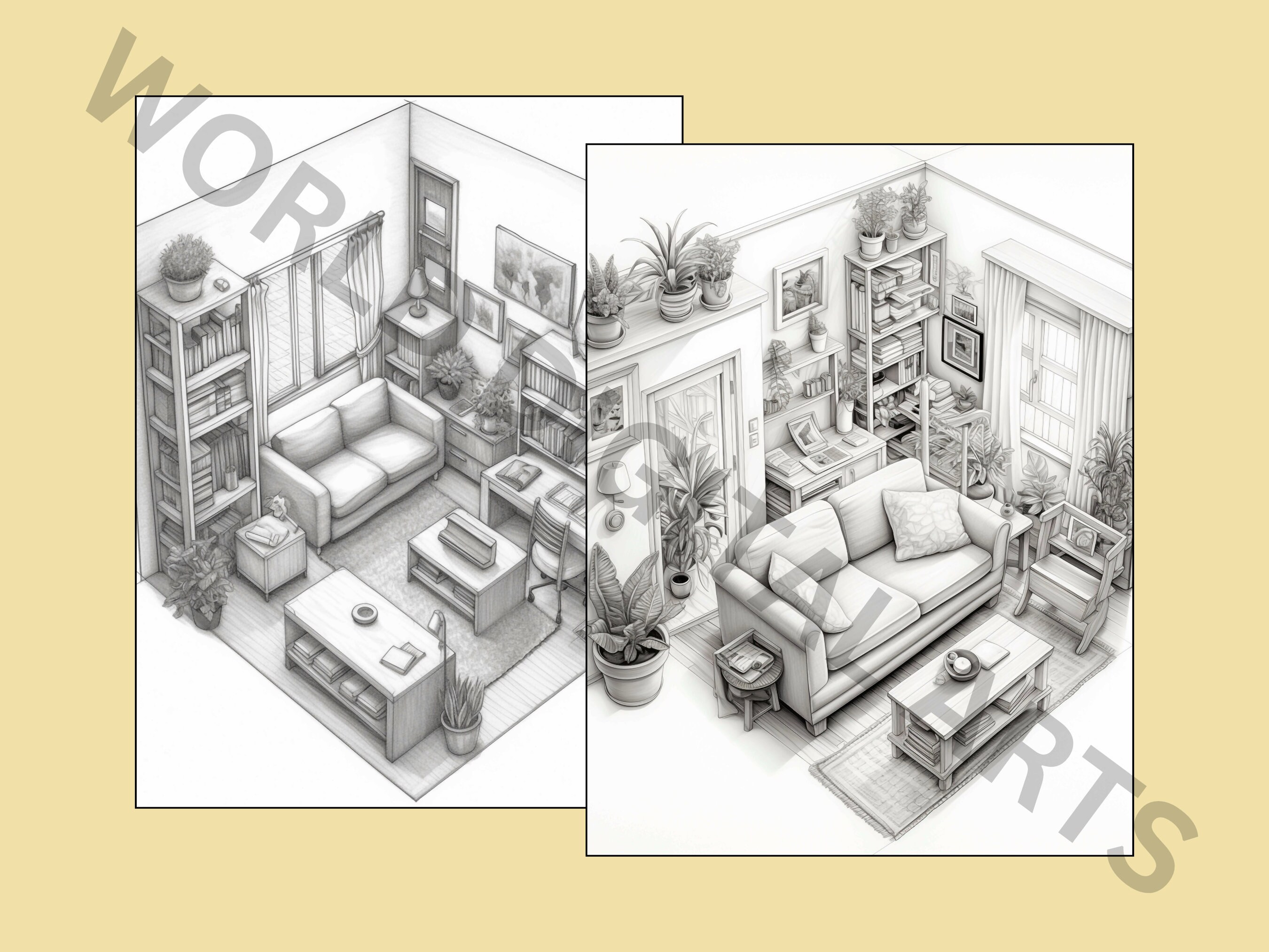 Pocket Room Coloring, Mini Room Coloring Pages, Grayscale Coloring Book ...