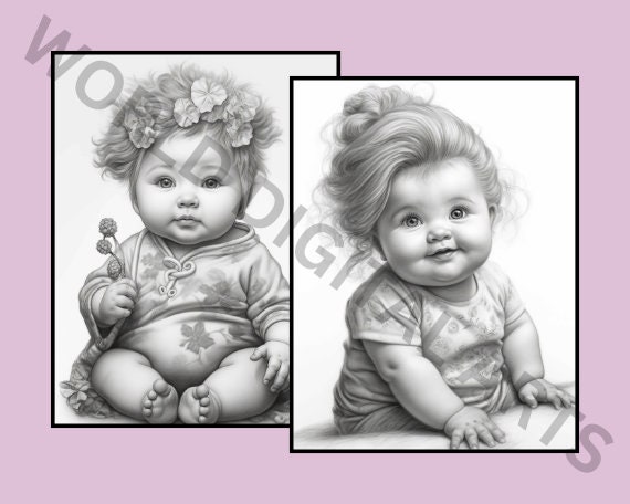 20 Chubby Babies Coloring Pages, Baby Coloring Book, Babies Grayscale ...