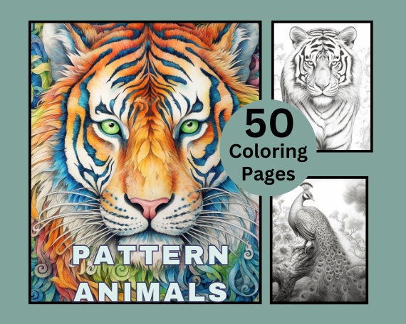 50 Pattern Animals Coloring Pages, Pattens Coloring Book, Grayscale ...
