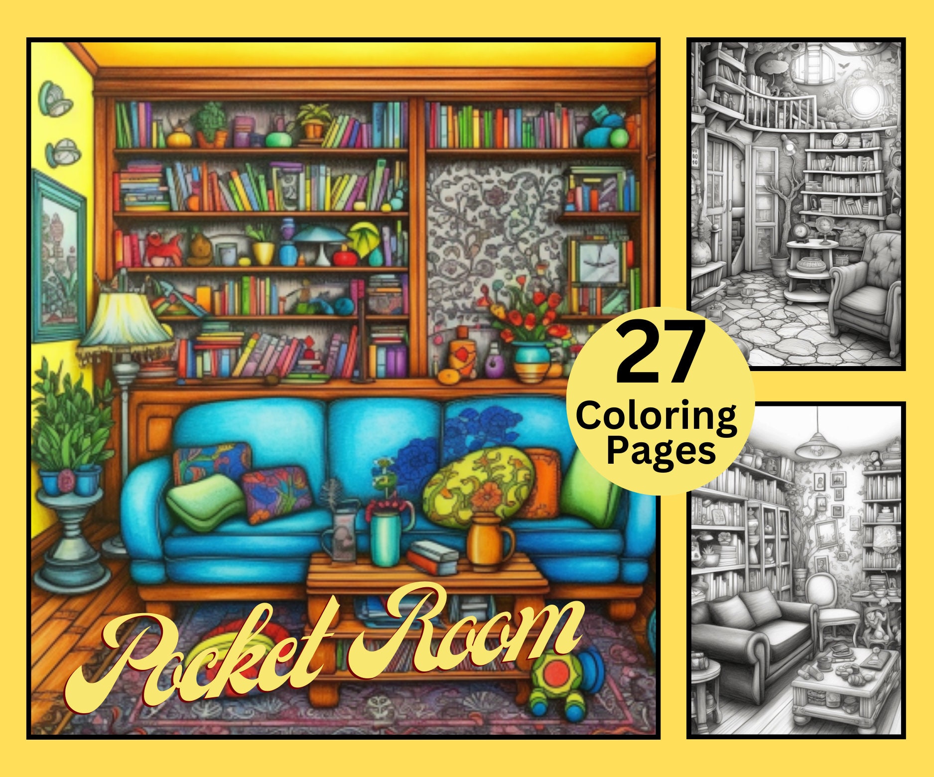 Pocket Room Coloring Mini Room Coloring Pages Grayscale - Etsy