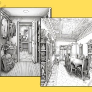 Pocket Room Coloring, Mini Room Coloring Pages, Grayscale Coloring Book ...