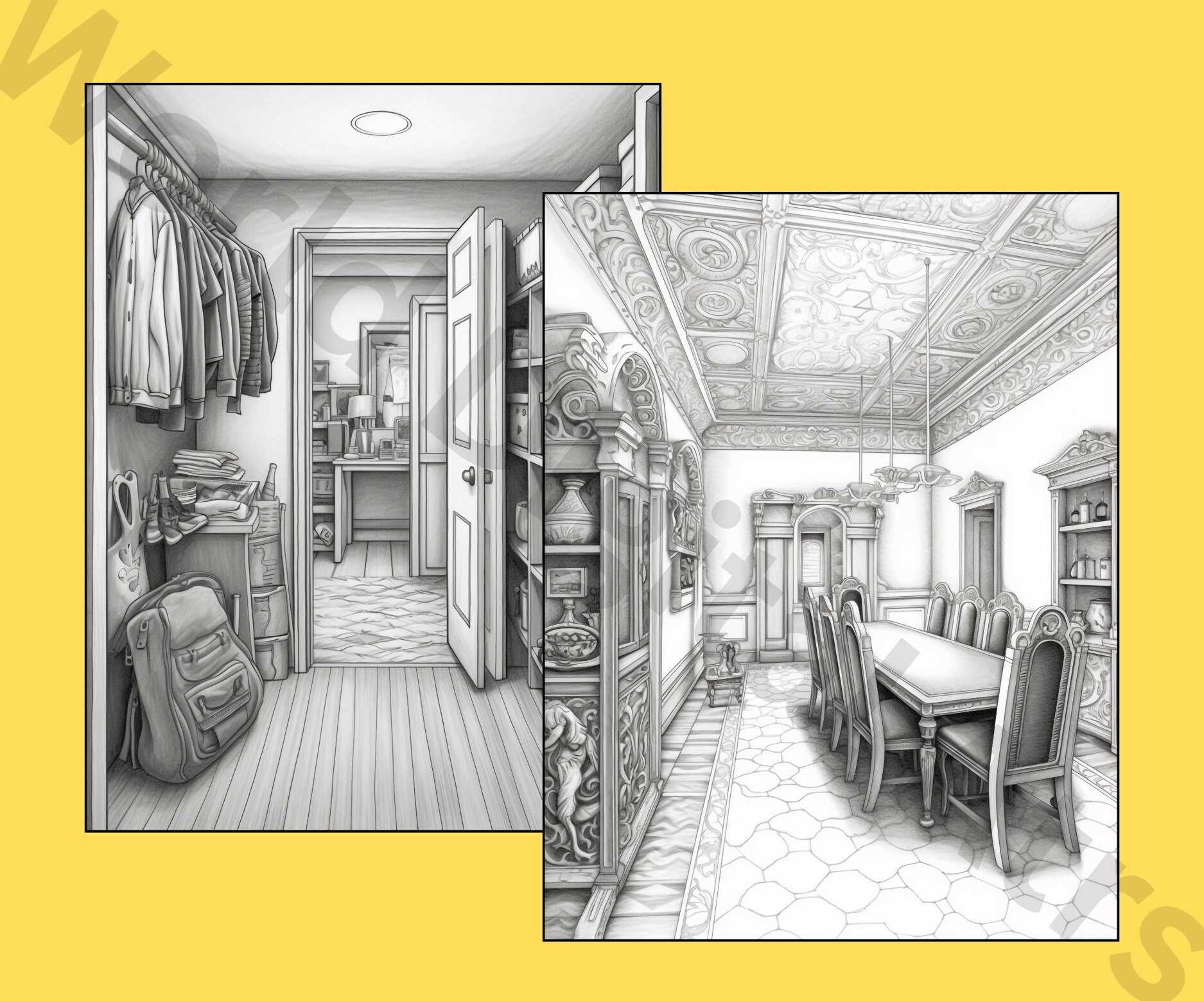 Pocket Room Coloring Mini Room Coloring Pages Grayscale - Etsy