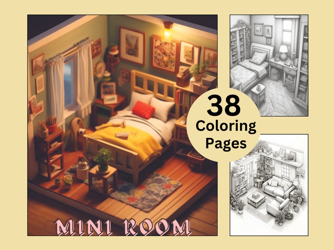 Pocket Room Coloring, Mini Room Coloring Pages, Grayscale Coloring Book ...