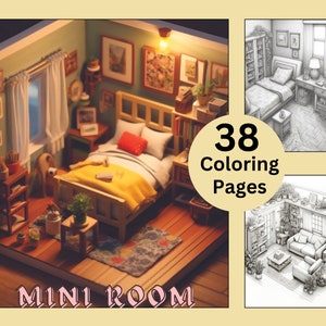 Pocket Room Coloring, Mini Room Coloring Pages, Grayscale Coloring Book ...