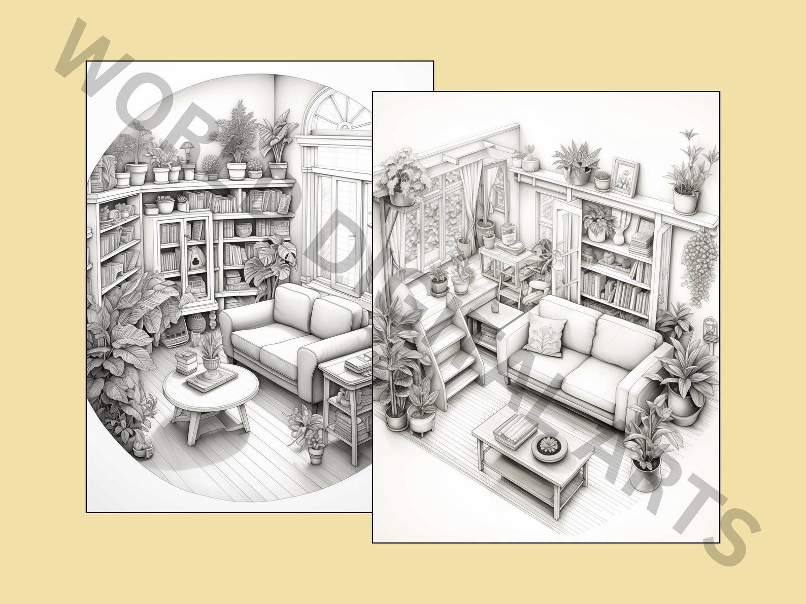 Pocket Room Coloring, Mini Room Coloring Pages, Grayscale Coloring Book ...