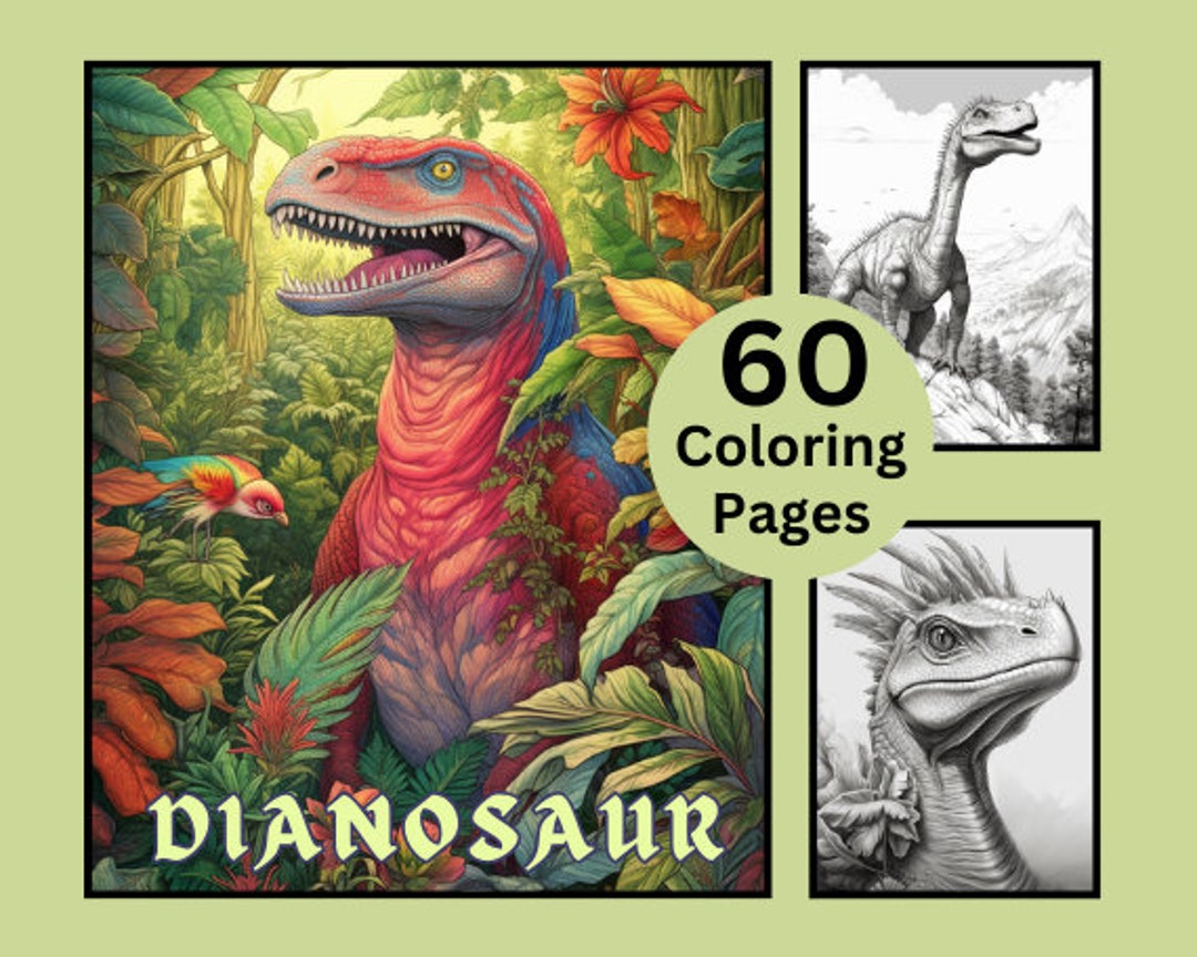 60 Dinosaur Coloring Pages, Cute Coloring Book, Grayscale Coloring ...